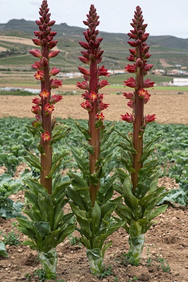 Three Tall Red Flower Stalks in a Field High Quality Image Stock ...