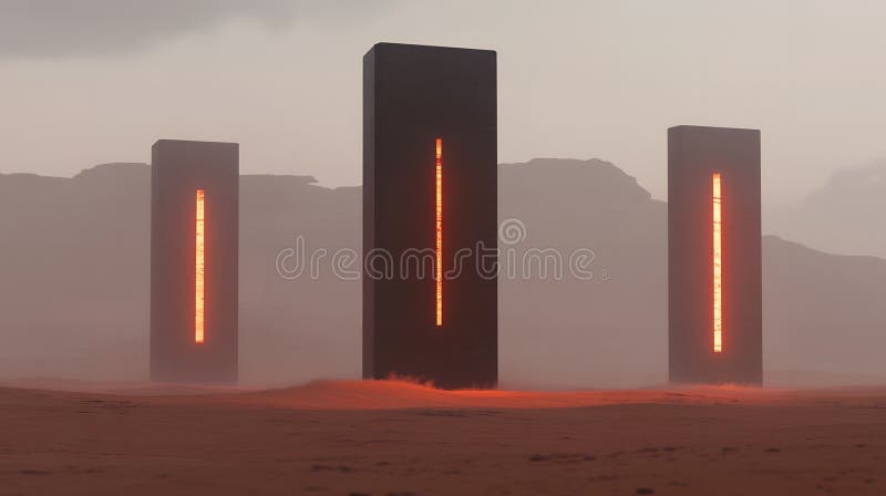 Three Tall Structures Stand in a Red Desert Stock Illustration ...