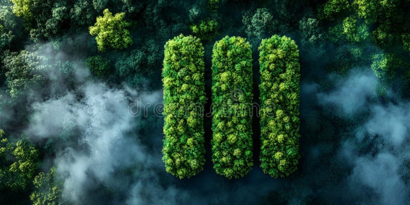 Three Tall Trees Stand Out in a Misty Forest Stock Illustration ...