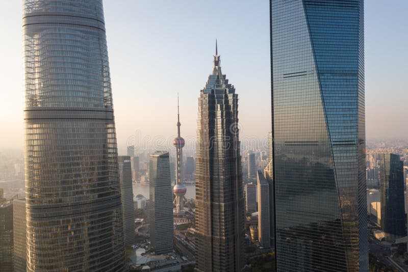 Three Tallest Building in Shanghai Drone View at Sunset Editorial ...