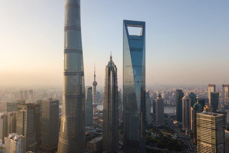 Three Tallest Building in Shanghai Drone View at Sunset Editorial Stock ...