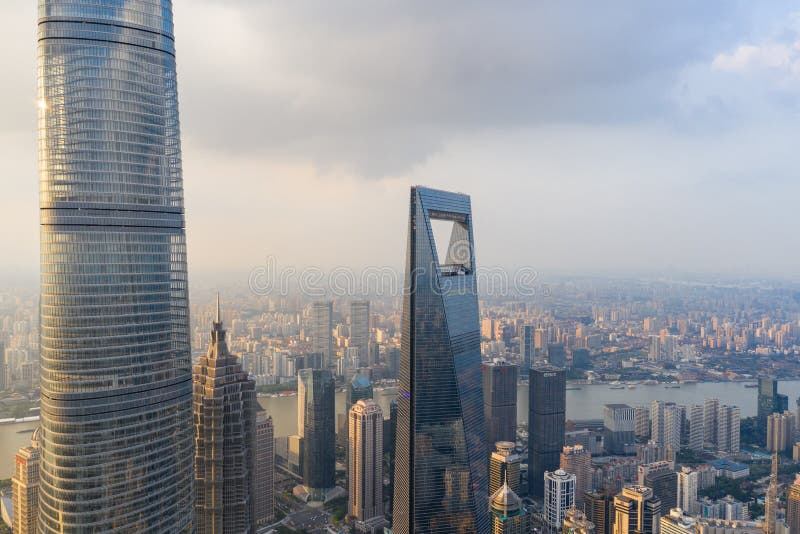 Three Tallest Building in Shanghai Drone View at Sunset Editorial Image ...