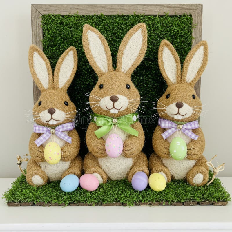 Three Tan Fluffy Rabbits with Pastel Easter Eggs Stock Illustration ...