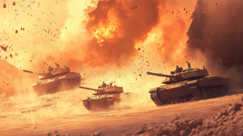 Three Tanks are Driving through a Desert with Explosions in the ...