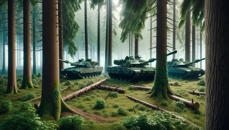 Three Tanks Stand in the Middle of a Coniferous Forest Stock ...
