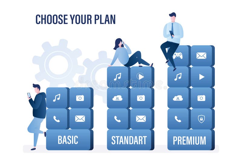 Three Tariff Plans- Basic, Standard, Premium. Price List Set. People ...