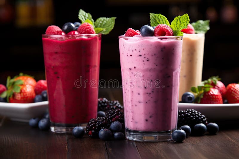 Three Tasty Fresh Milk Shakes with Berries and Mint on Wooden Table ...