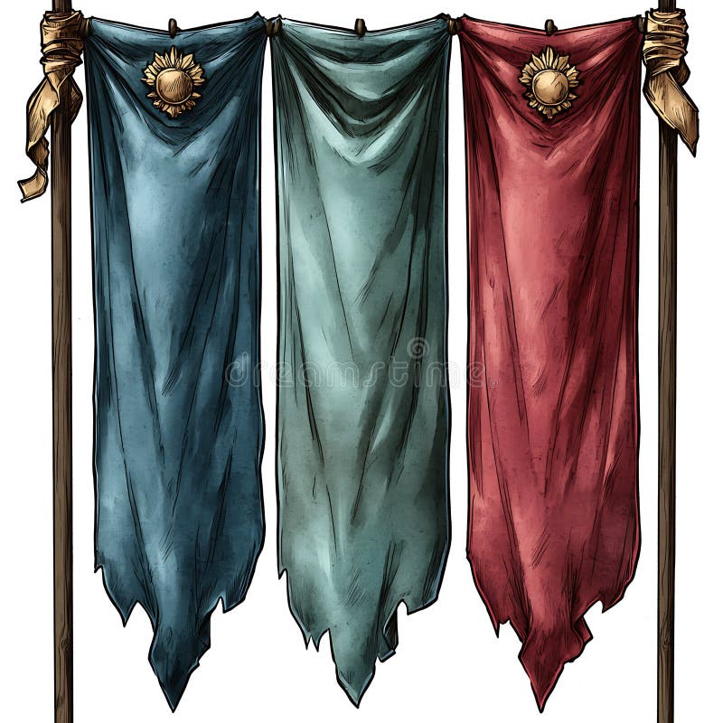 Three Tattered Medieval Banners Hanging from Wooden Poles Featuring Sun ...