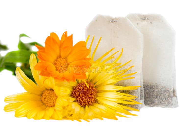 Three Tea Bags with Calendula Stock Photo - Image of coffee, health ...