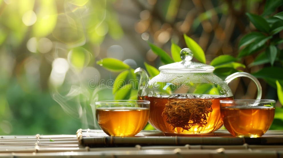 Three Tea Cups and a Teapot on Table Stock Image - Image of table ...
