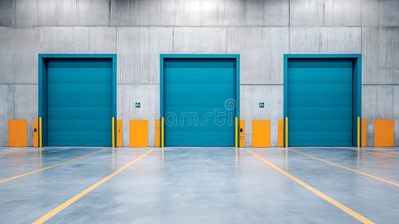 Three Teal Industrial Loading Dock Doors in a Concrete Warehouse Stock ...