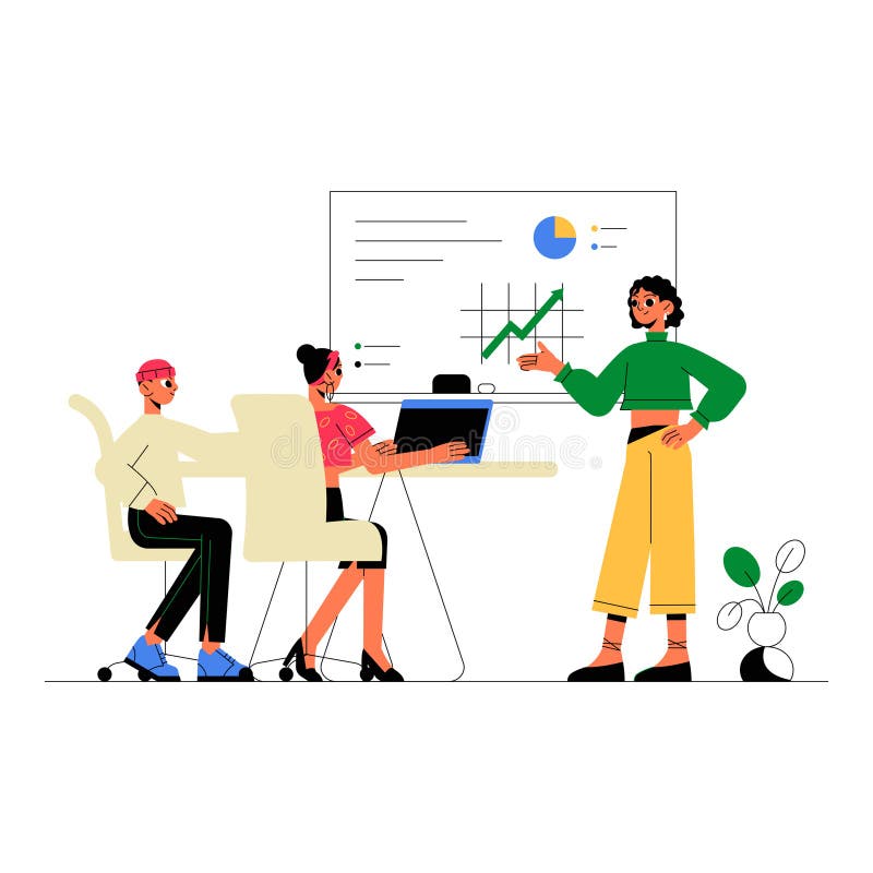 Team Presentation with Graph and Laptop in Flat Vector Illustration ...