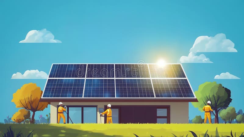 Three Technicians Install Solar Panels on a Modern House Roof ...