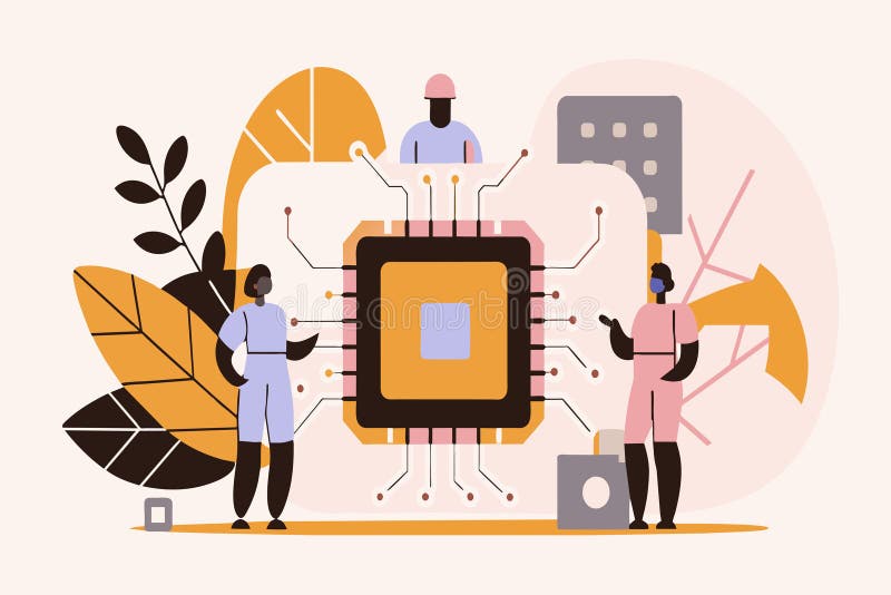 Three Technicians Work Together on an Oversized CPU Chip Blueprint ...