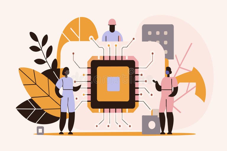 Three Technicians Work Together on an Oversized CPU Chip Blueprint ...