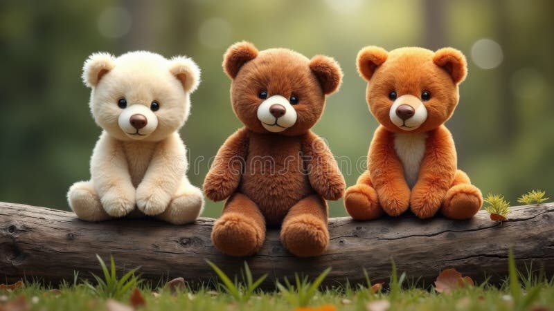 Three Teddy Bears of Different Colors are Displayed on a Log in a ...