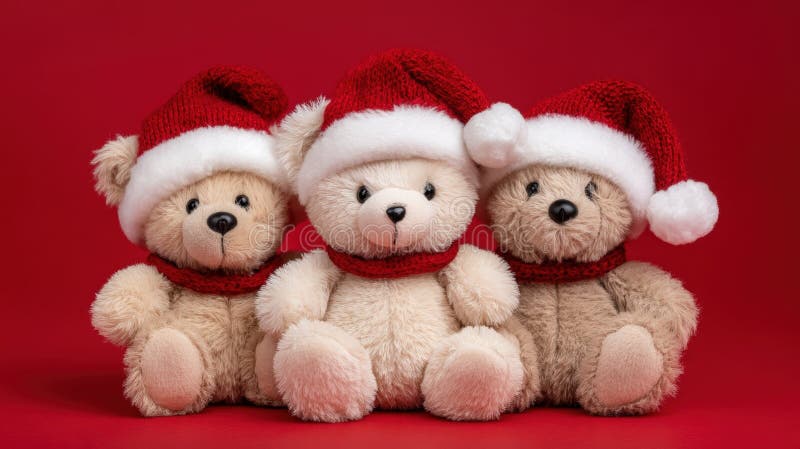 Three Teddy Bears Wearing Santa Hats Sitting on a Red Surface, Festive ...