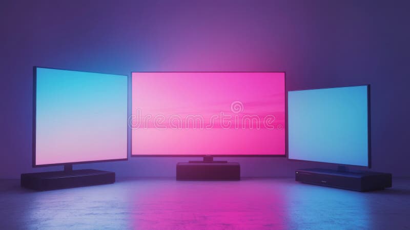 Three Television Screens in a Neon-Lit Room Stock Illustration ...