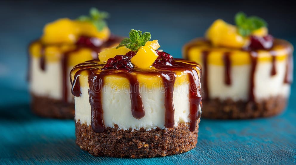 Delicious Mango Cheesecake Desserts Garnished with Berries and Mint ...