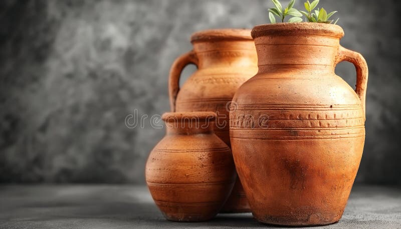 Three Terracotta Pots on Textured Background Stock Photo - Image of ...