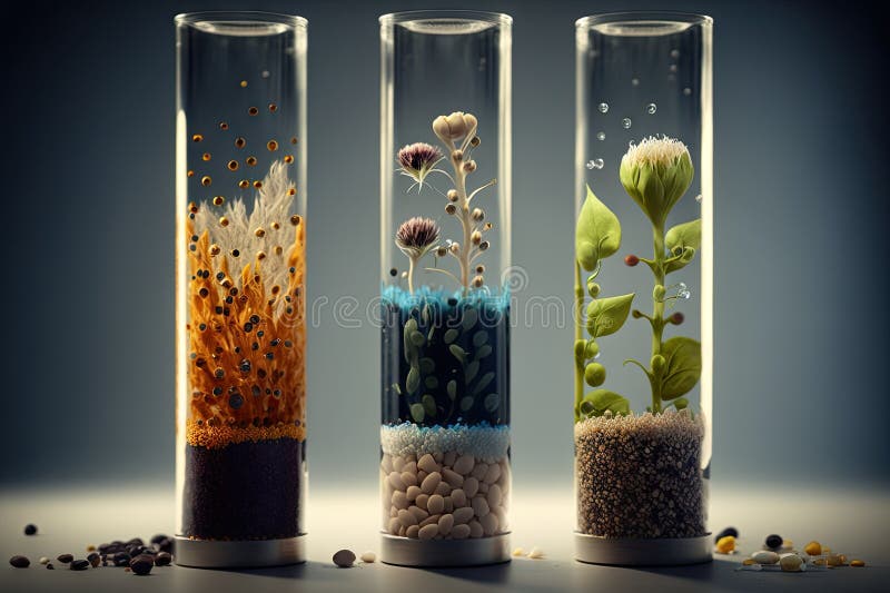 Three Test Tubes with Different Kinds of Seeds Growing in the Lab Stock ...