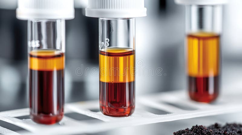 Three Test Tubes with Red and Amber Liquid in a Laboratory Setting ...