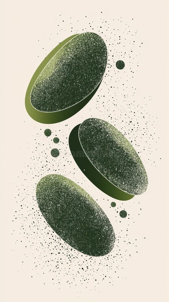 Three Textured Green Oval Shapes are Rotating and Emitting Small ...