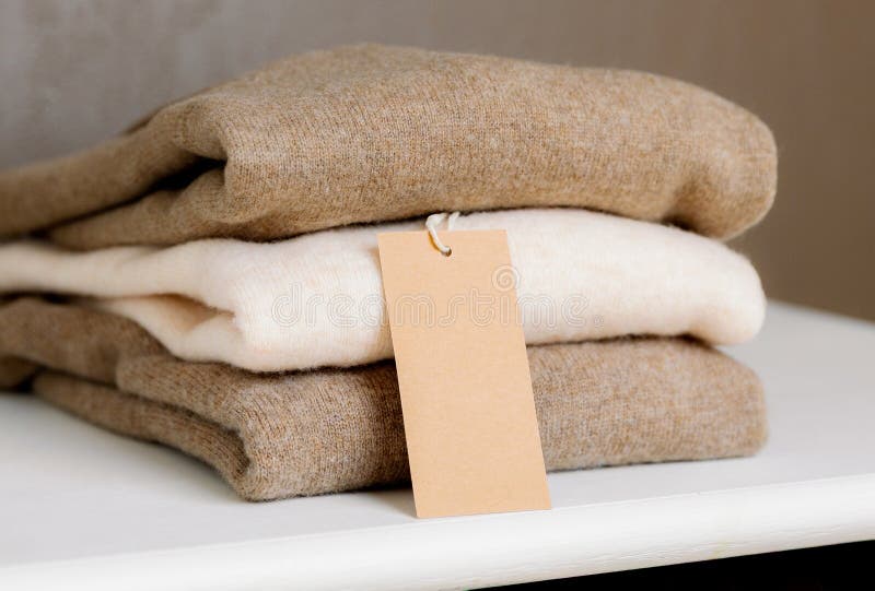Three Thin Warm Sweaters with a Tag on the Closet Shelf. Stock Image ...
