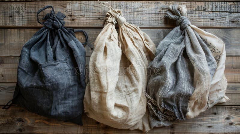 Three Tied Cloth Sacks on Wooden Background Stock Image - Image of ...