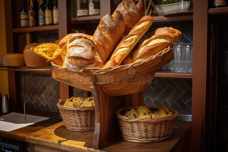 Three-tier Wooden Basket Overflowing with Fresh and Crusty Bread Stock ... Three-tier Wooden Basket Overflowing with Fresh and Crusty Bread Stock ...