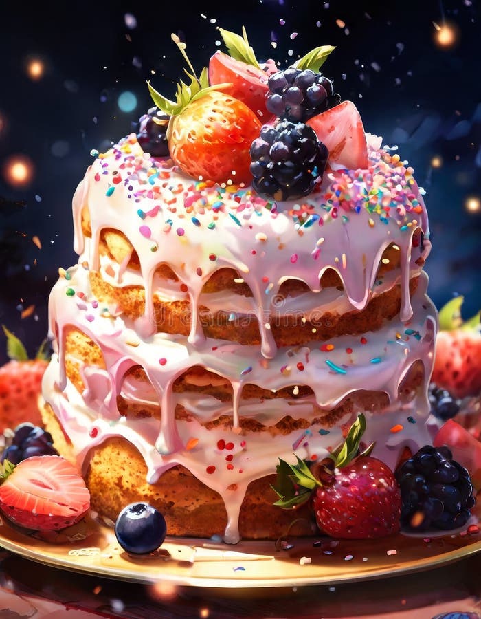 Three-tiered Cake with Fresh Berries and Sprinkles in a Festive Setting ...