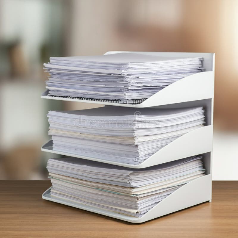A Three-tiered Document Organizer Filled with Stacks of White Paper ...