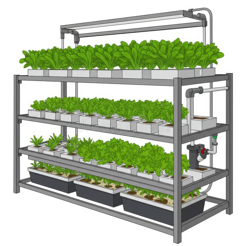Three Tiered Hydroponic System with Lush Green Plants Stock ...