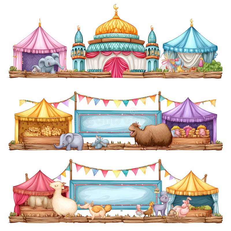 Three Tiered Illustration of a Whimsical Fair with Tents, Animals, and ...