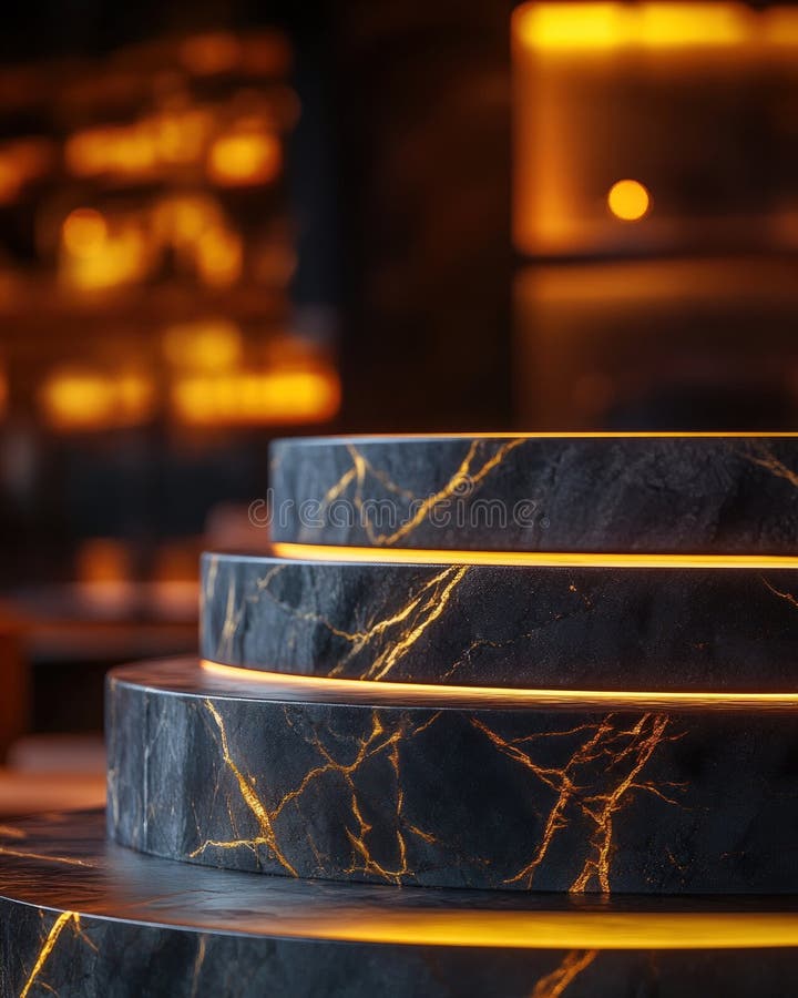 Three Tiered Marble Platform Accented by Warm Lighting Stock ...
