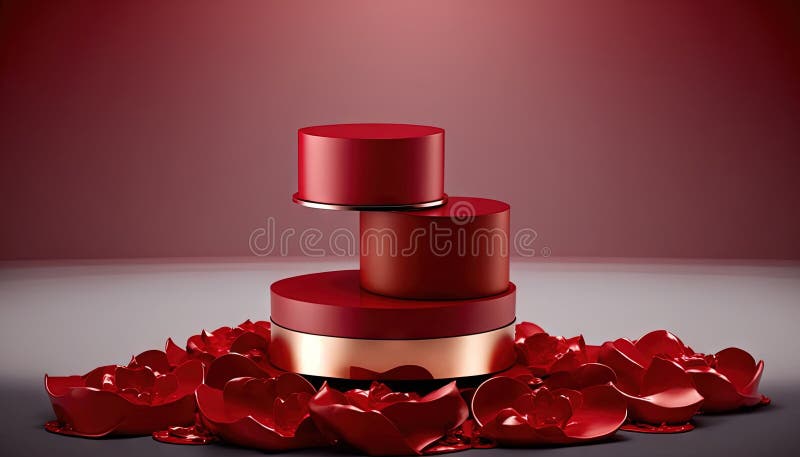 A Three Tiered Red Cake with Rose Petals on the Floor Stock ...