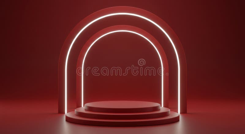 A Three-tiered Red Podium Stands Beneath Glowing White Arches Stock ...