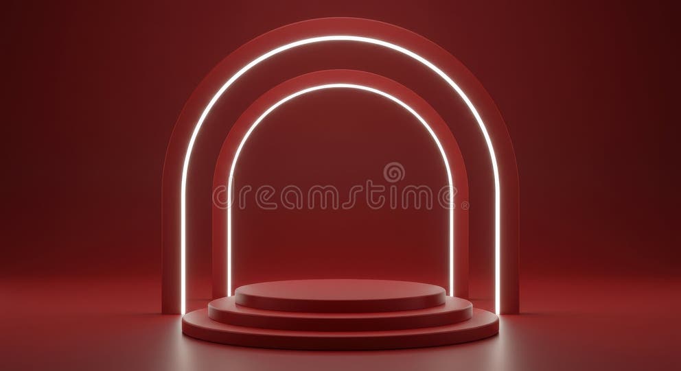 A Three-tiered Red Podium Stands Beneath Glowing White Arches Stock ...