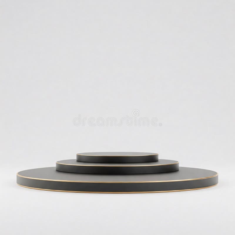 Three-tiered Round Black Podium with Gold Trim, Isolated on a White ...