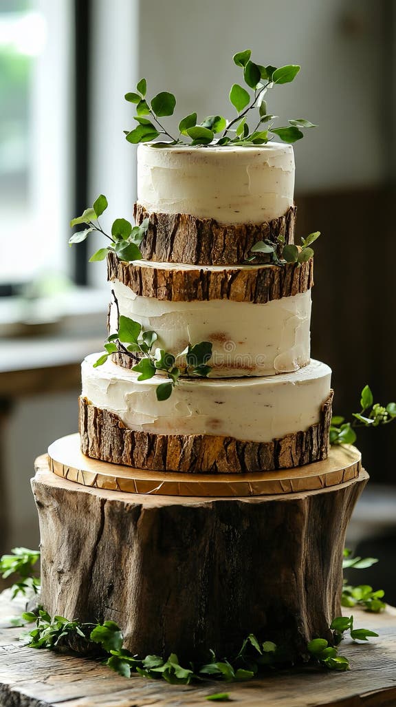 A Three Tiered Wedding Cake with Greenery on Top of it Stock Photo ...