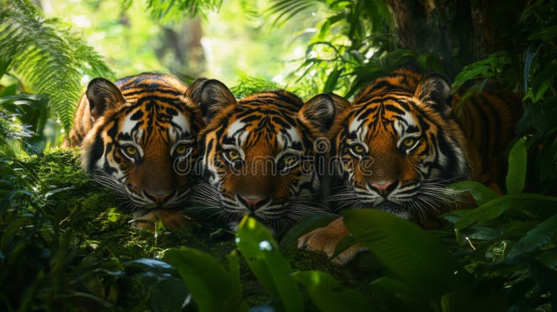 Three Tigers in Lush Green Jungle Stock Illustration - Illustration of ...