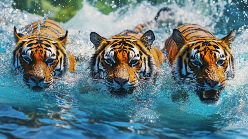 Three Tigers Swimming in Blue Water Stock Illustration - Illustration ...
