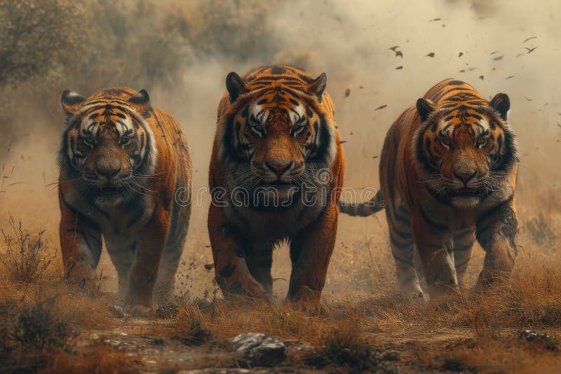 Three Tigers Walking in Row Stock Photo - Image of jungle, portrait ...