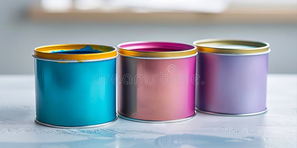 Three Tins of Paint with Different Colors Stock Photo - Image of reel ...