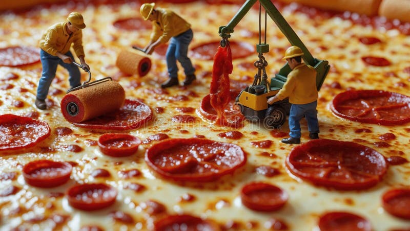 Three Tiny Construction Workers on Top of a Pizza Making it Look Like a ...