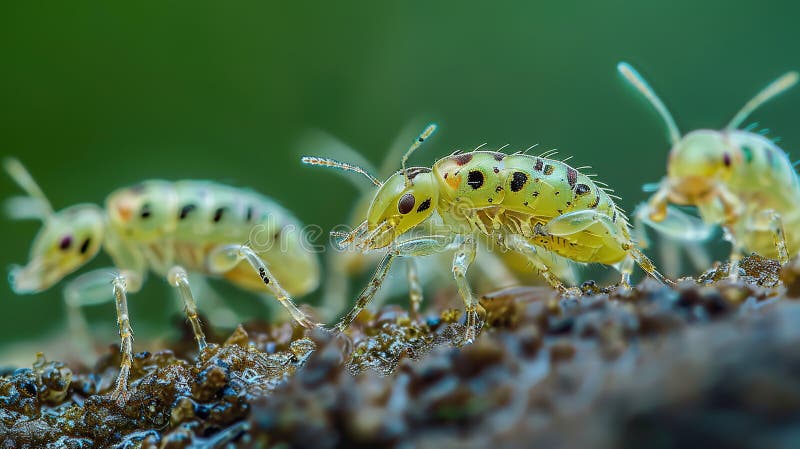 Three Tiny Green Insects with Black Spots Crawl Across a Dark Surface ...
