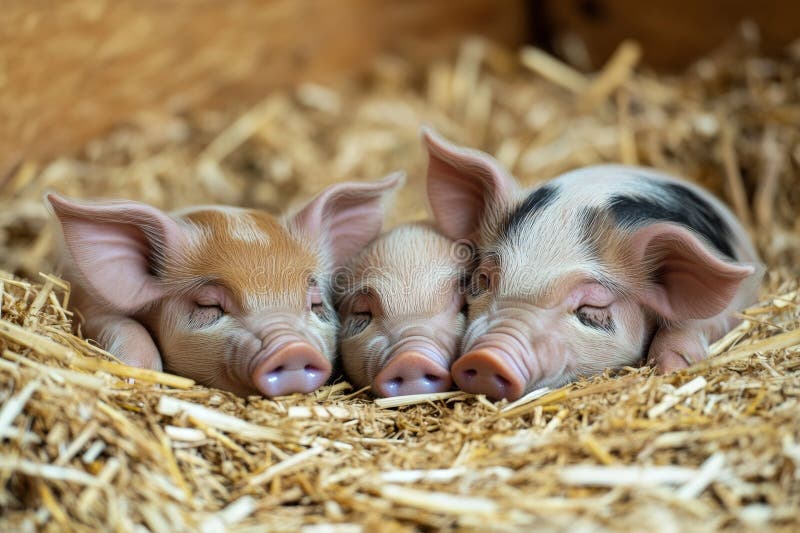 Three Tiny Piglets Cuddle Closely Together in Soft Straw Bedding, Their ...