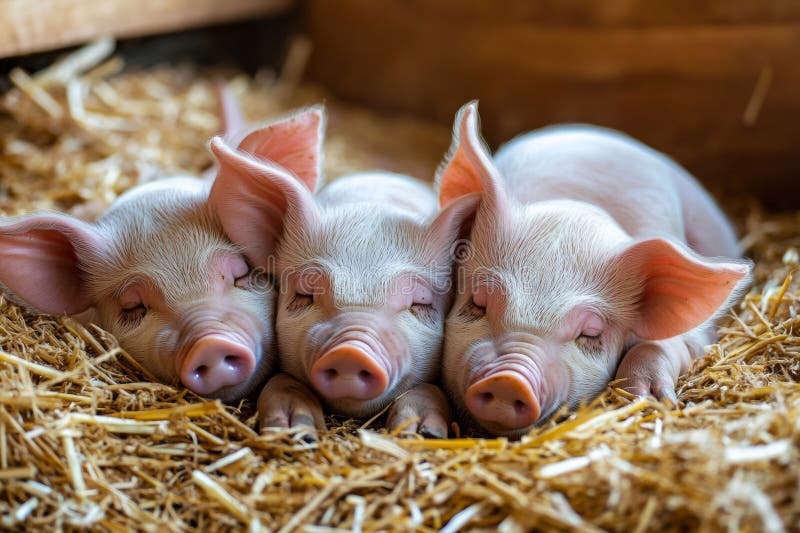 Three Tiny Piglets are Peacefully Sleeping Side by Side on Soft Straw ...