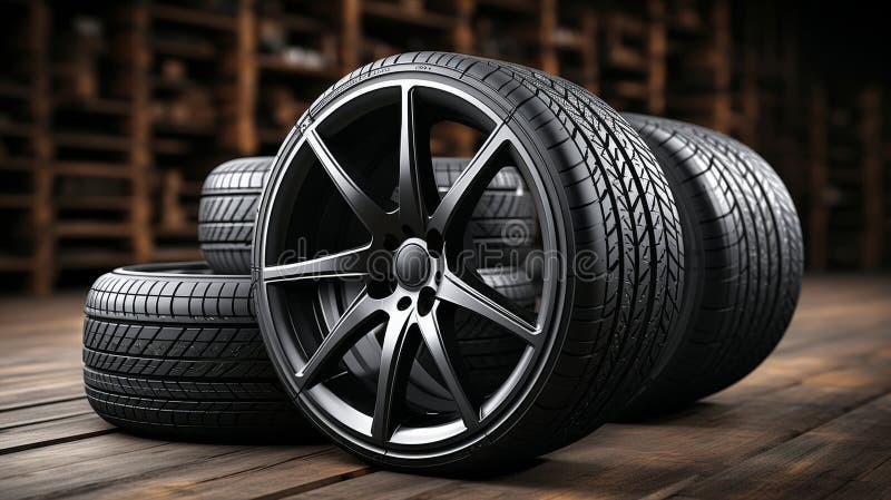 Three Tires Stacked on Brick Floor Stock Photo - Image of floor, black ...