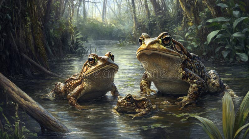 Three Toads in a Swampy Forest Setting Stock Illustration ...